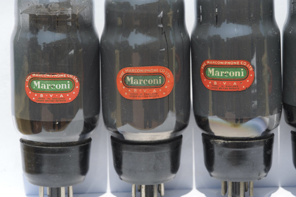 KT66 Marconi early red logo rare valves black base smoked glass original Marconi boxes EL37 6L6G ...